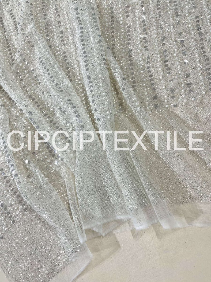 NEW (OFF WHITE) DILYA GLITTER SPARKLES PEARL BEADED LACE